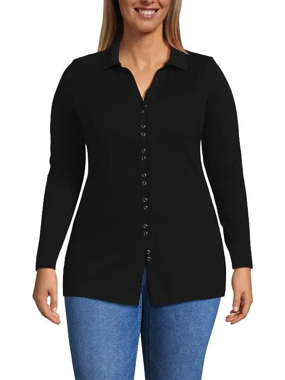 LANDS' END Long Sleeve Polished Rib Button Through Tunic Shirt - Black
