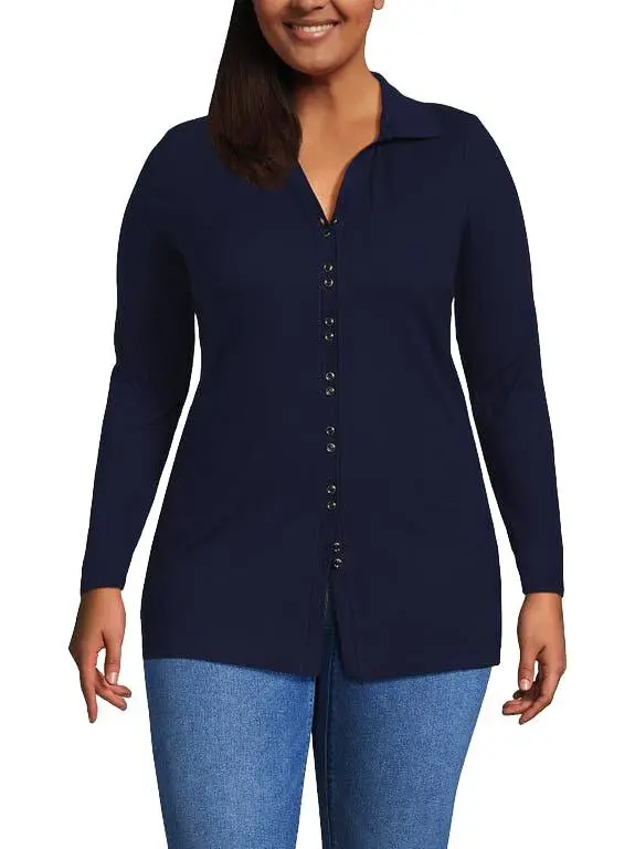 LANDS' END Long Sleeve Polished Rib Button Through Tunic Shirt - Deep Sea Navy