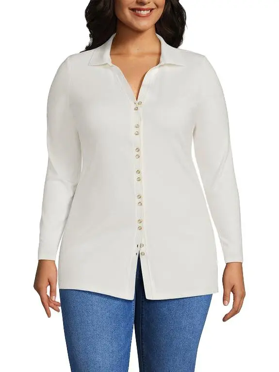 LANDS' END Long Sleeve Polished Rib Button Through Tunic Shirt - Ivory