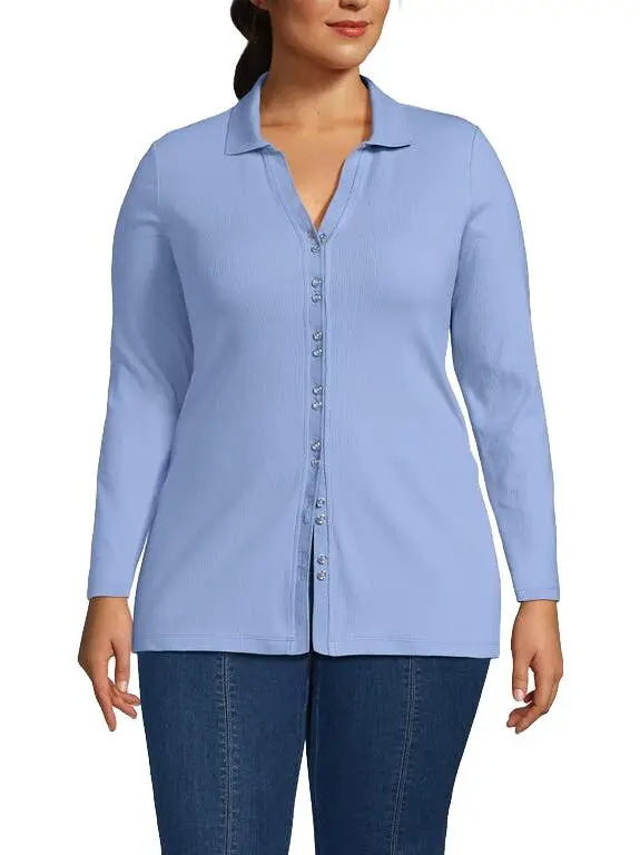 LANDS' END Long Sleeve Polished Rib Button Through Tunic Shirt - Light Sea Blue