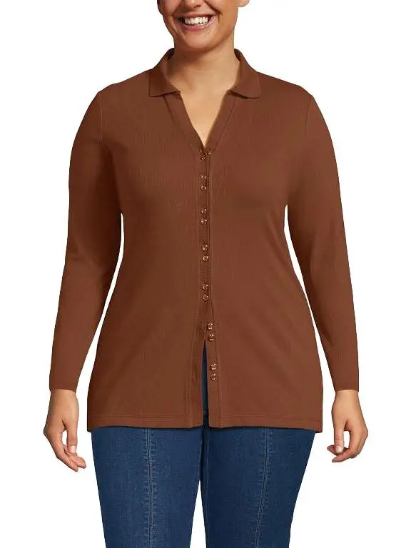 LANDS' END Long Sleeve Polished Rib Button Through Tunic Shirt - Rich Ginger Brown