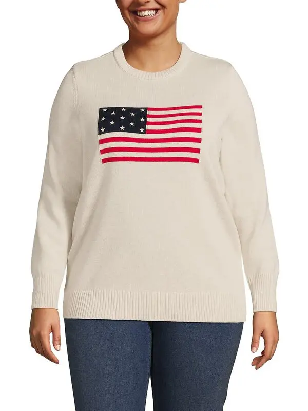 LANDS' END Cotton Drifter Embroidered Crew Neck Sweater - Oatmeal Heather Flag
