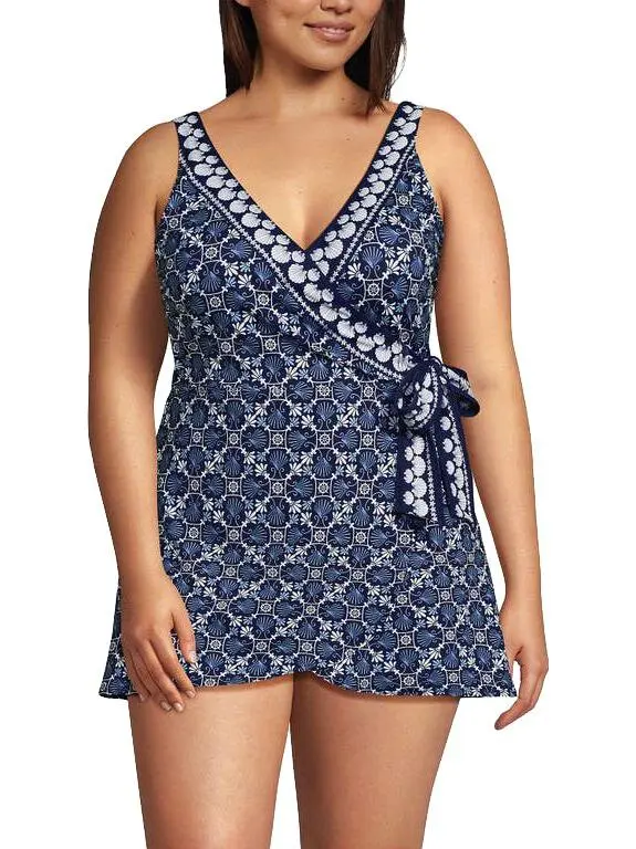 LANDS' END Side Tie Mini Swim Dress Swimsuit - Seashell Geo/navy Border