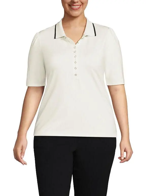LANDS' END Elbow Sleeve Jersey Embellished Polo - Ivory/black