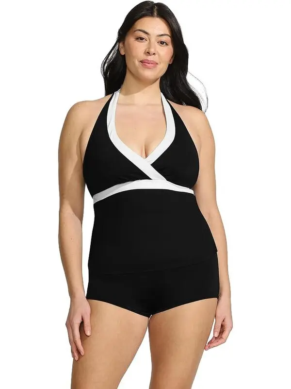 LANDS' END Texture V-neck Halter Tankini Swimsuit Top - Black/white