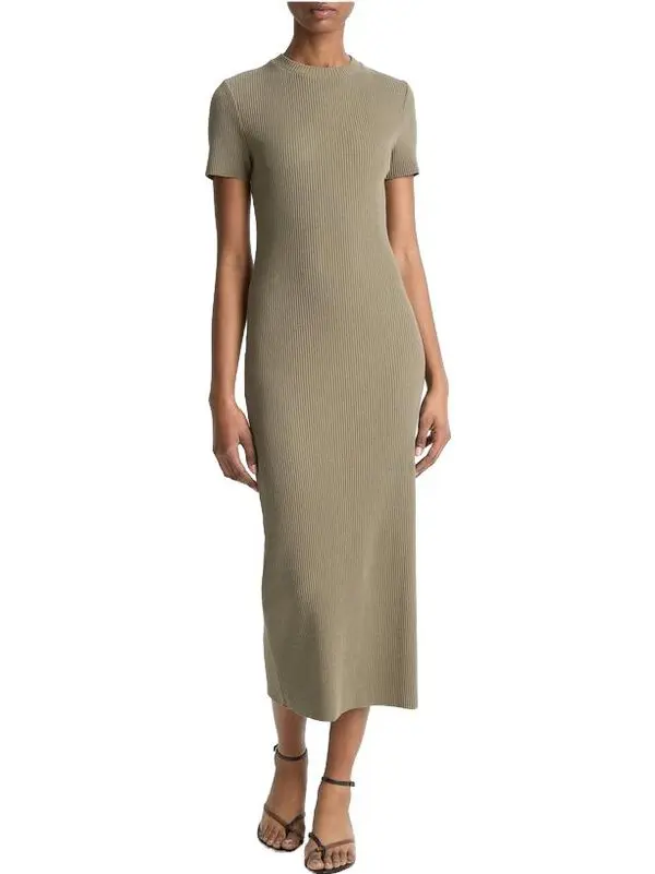 Vince Ribbed Cotton-blend Crew Neck Midi Dress - Natural