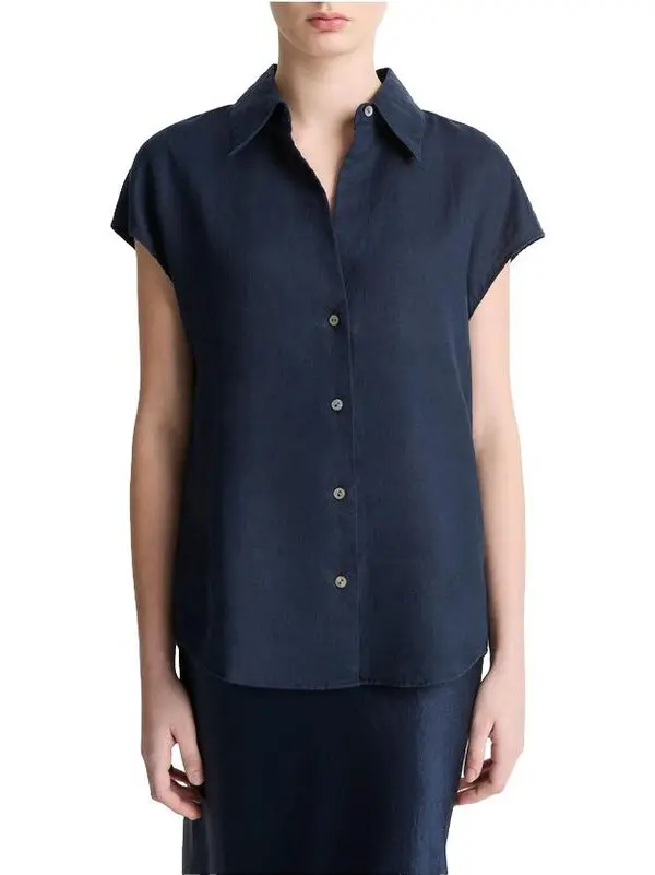 Vince Linen Cap-sleeve Button-front Blouse - Black