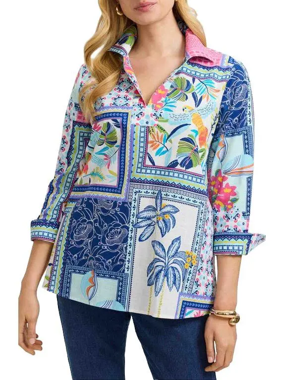 Foxcroft Julia Tropical Print Popover Top - Blue Multi