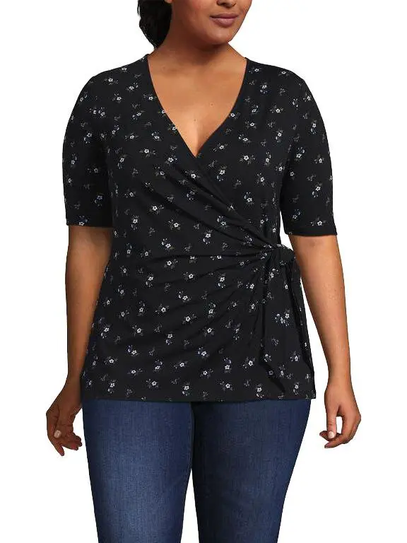 LANDS' END Elbow Sleeve Jersey Side Tie Blouse - Black/cobalt Tiny Floral