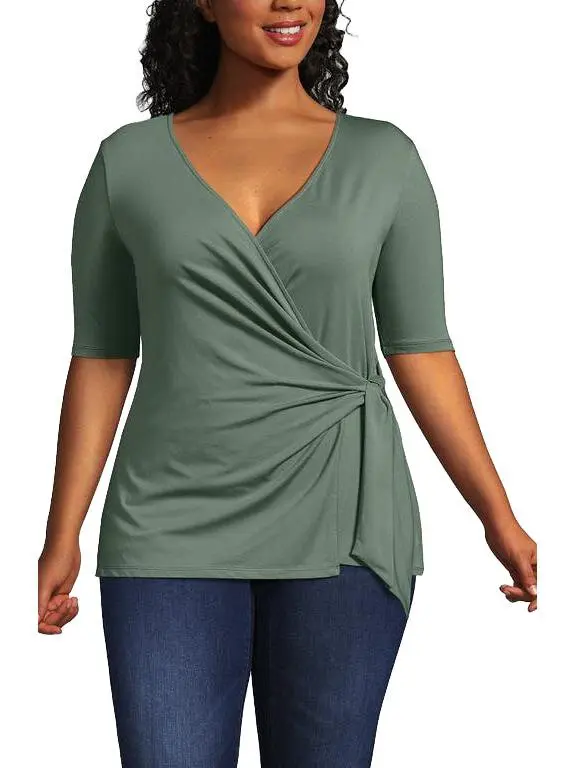 LANDS' END Elbow Sleeve Jersey Side Tie Blouse - Lily Pad Green