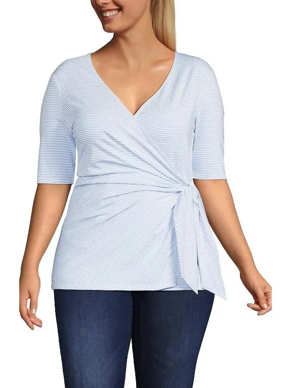 LANDS' END Elbow Sleeve Jersey Side Tie Blouse - White/periwinkle Tiny Stripe