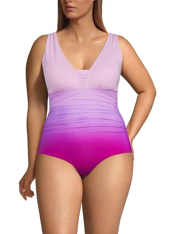 LANDS' END Slendersuit Grecian Low Leg One Piece Swimsuit - Crimson Rose/purple Ombre