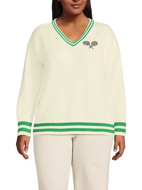 LANDS' END Drifter Varsity V-neck Sweater - Fresh Ivory/clover Tip