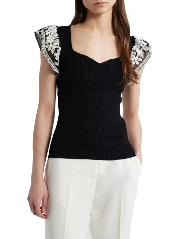 Elie Tahari Emily Embroidered Sweater - Noir/ Sky White