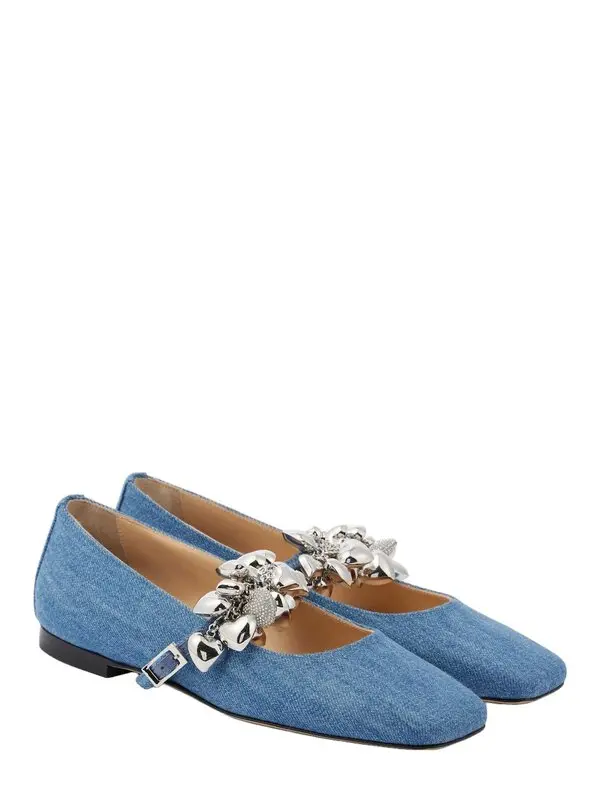 Mach & Mach Puffy Heart Denim Mary Jane Flats - Blue