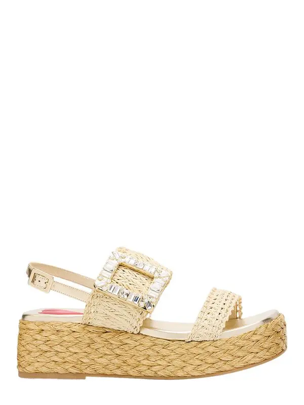 ROGER VIVIER Raffia Crystal Buckle Platform Sandals - Cream