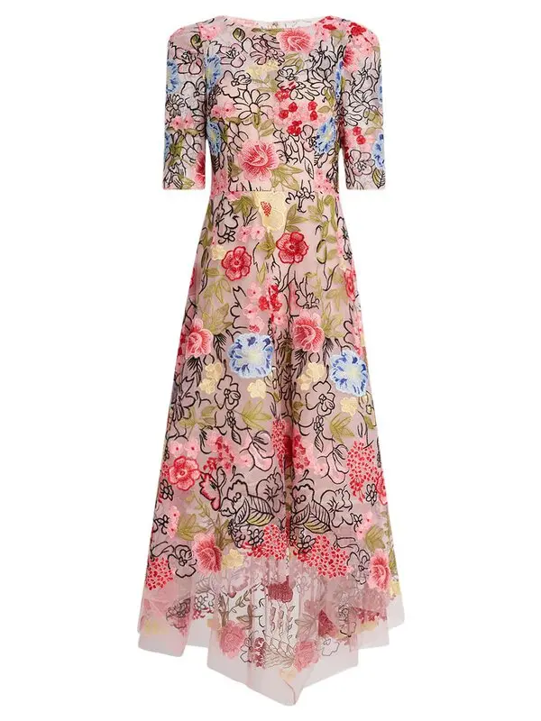 Rickie Freeman For Teri Jon Embroidered High-low Maxi Dress - Pink Multi