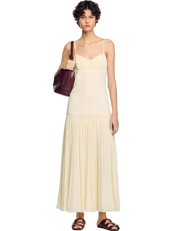 Sandro Pleated Maxi Dress With Spaghetti Straps - Ecru