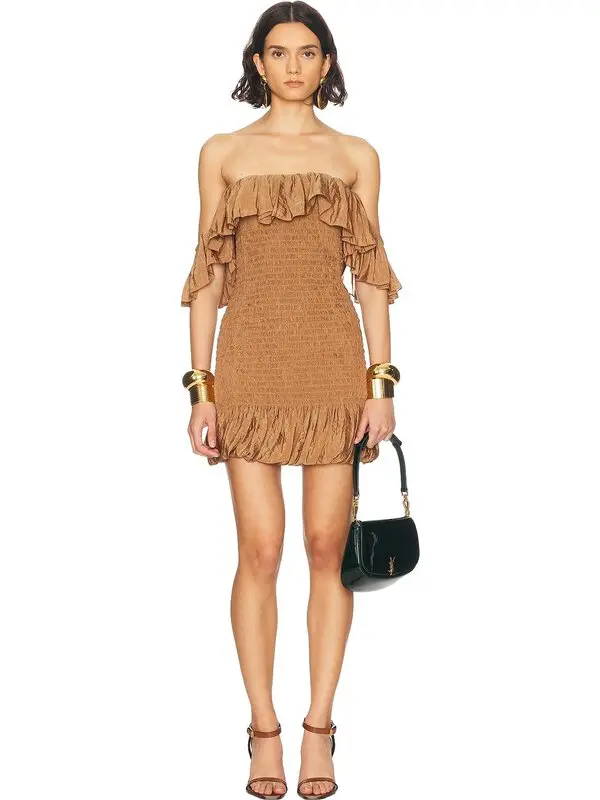 Saint Laurent Off The Shoulder Mini Dress - Caramel