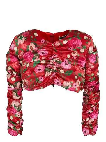 Elisabetta Franchi Satin Floral Crop Top - Red