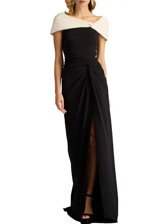 Tadashi Shoji Asymmetric Neck Sheath Gown - Black/ivory
