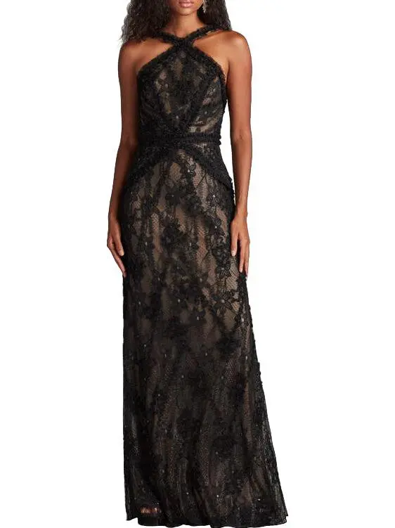 Tadashi Shoji Metallic Floral Gown - Black/ Nude