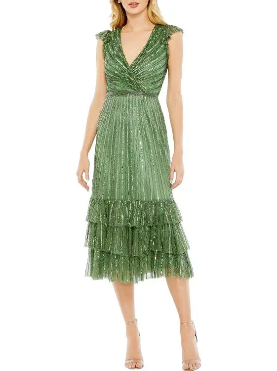 Mac Duggal Sequined Wrap Over Cap Sleeve Ruffle Hem Dress - Sage