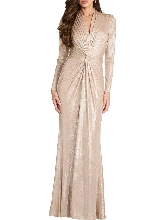 Tadashi Shoji Metallic Long Sleeve Liquid Jersey Gown - Pebble