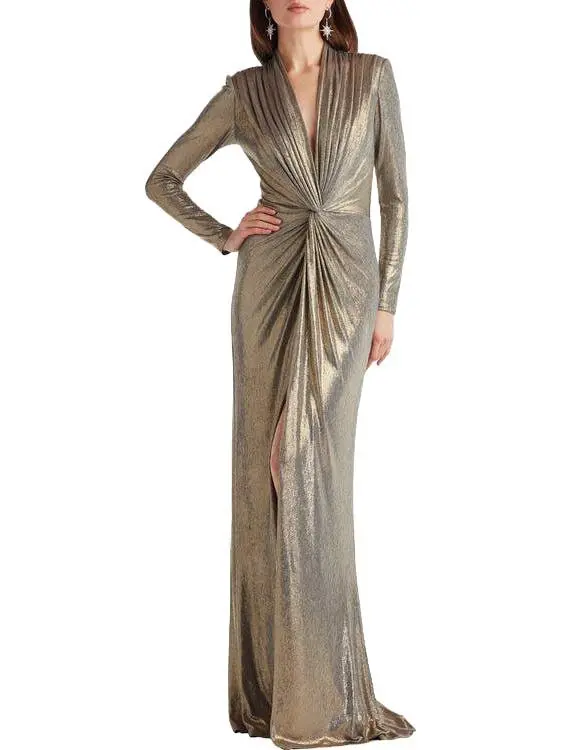 Tadashi Shoji Metallic Long Sleeve Liquid Jersey Gown - Smoke Pearl