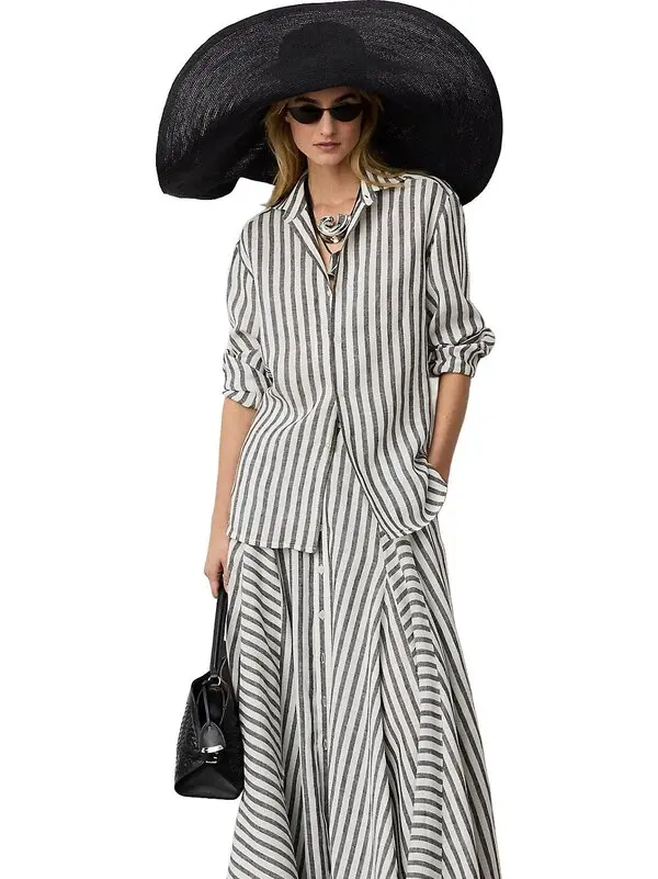 Ralph Lauren Striped Linen Maxi Skirt - Black/white