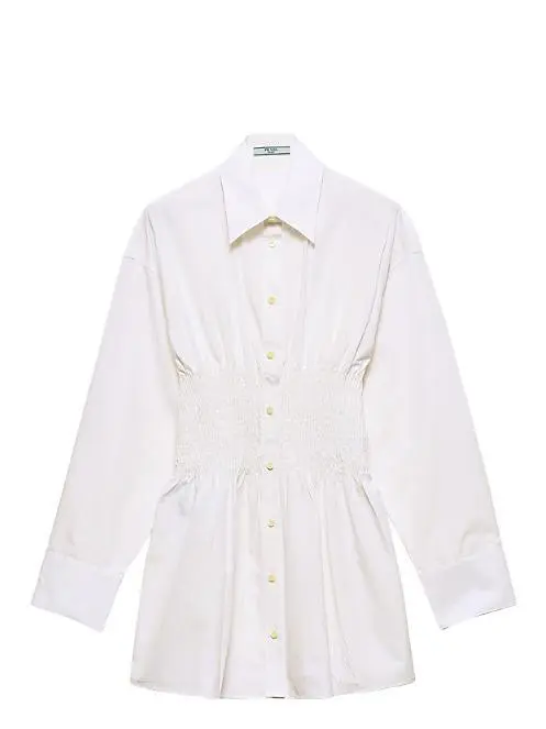 Prada Smocked-waist Long-sleeve Cotton Poplin Shirt - White
