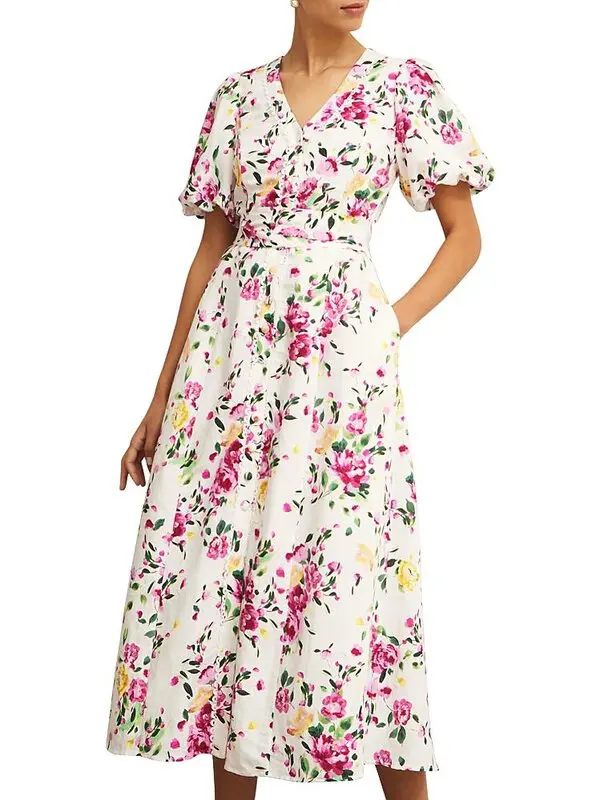 HOBBS LONDON Taylor Linen Blend Midi Dress - Ivoery Multi