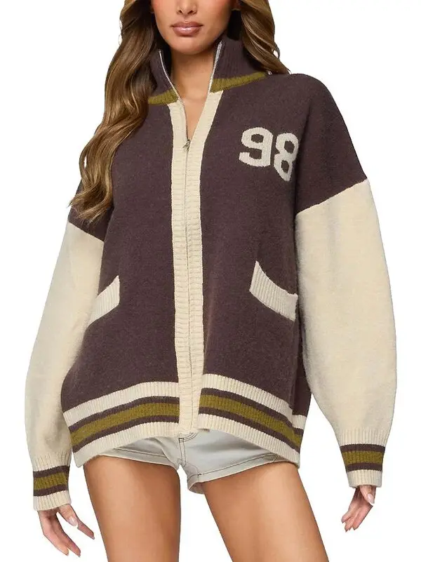 EDIKTED 98 Varsity Zip Up Sweater - Brown