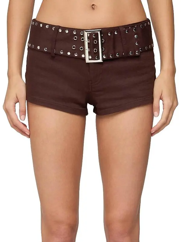 EDIKTED Studded Belt Denim Micro Shorts - Dark-brown