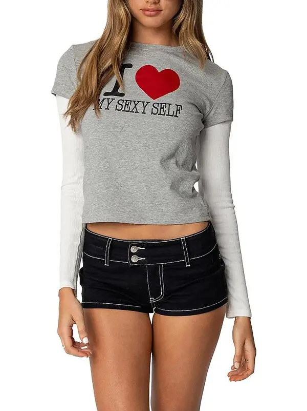 EDIKTED I Heart Me Layered Long Sleeve T-shirt - Gray-melange