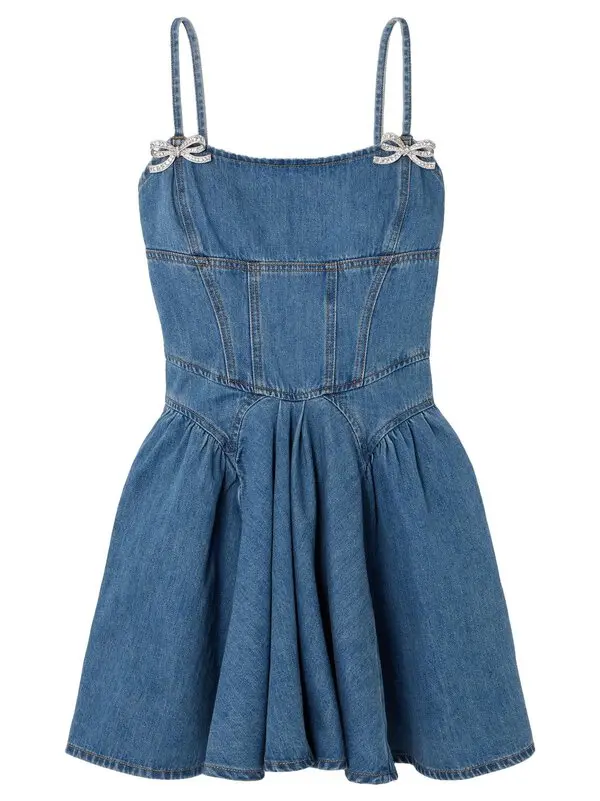 SELF-PORTRAIT Embellished Paneled Denim Mini Dress - Blue