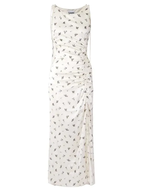 GANNI Gathered Tie-detailed Floral-print Satin Midi Dress - Neutrals