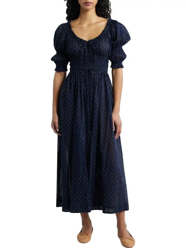 DÔEN Ischia Convertible Organic Cotton Maxi Dress - Navy Flock Dot