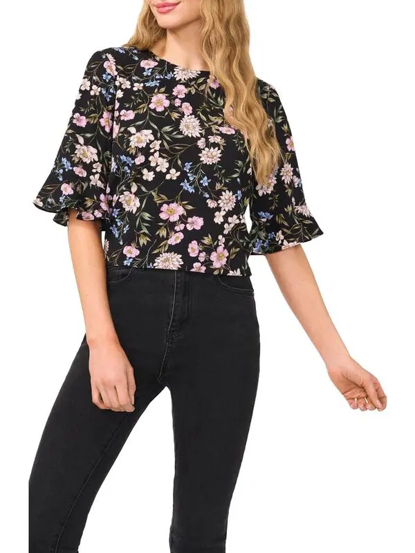 CECE DUPRAZ Floral Ruffle Cuff Top - Rich Black