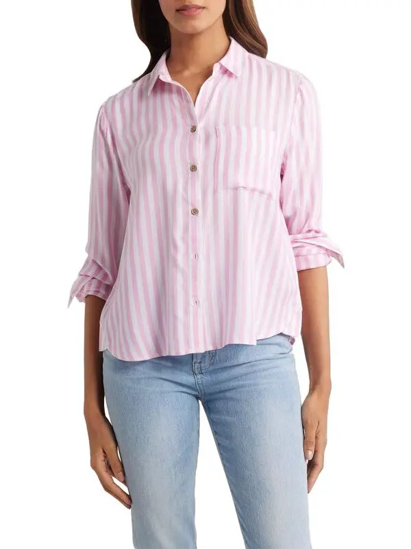 BEACHLUNCHLOUNGE Candace Striped Button-up Shirt - Pink Flamingo