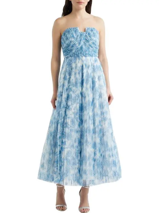HUTCH Pleated Strapless Mesh Gown - White/blue Inked Chinoiserie