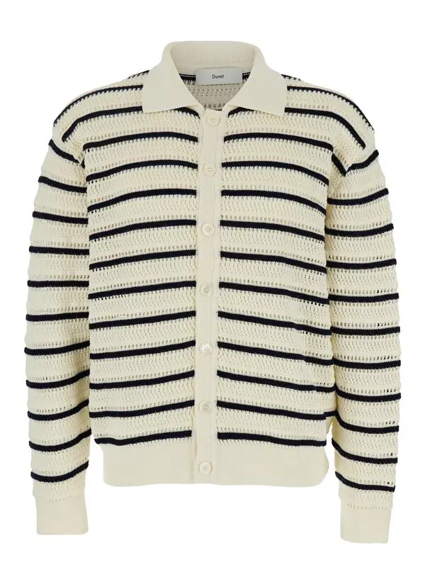 DUNST Knitted Cardigan With Striped Motif - White
