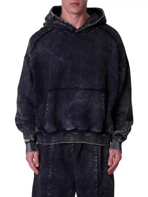 Mnml Frayed Seam Acid Wash Cotton Fleece Hoodie - Black