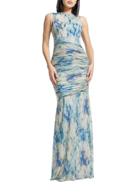 Dress The Population Violetta Metallic Floral Print Gown - Pale Blue Multi