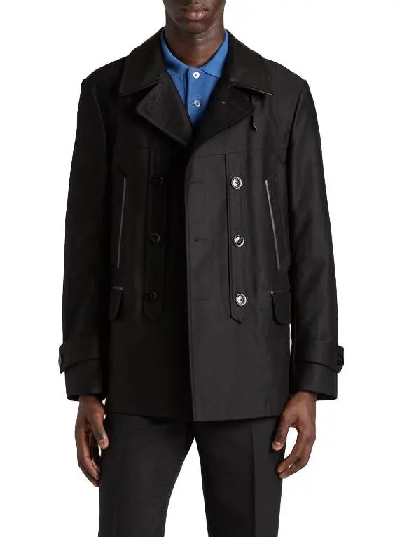 TOM FORD Leather Trimmed Brushed Cotton Satin Pea Coat - Black