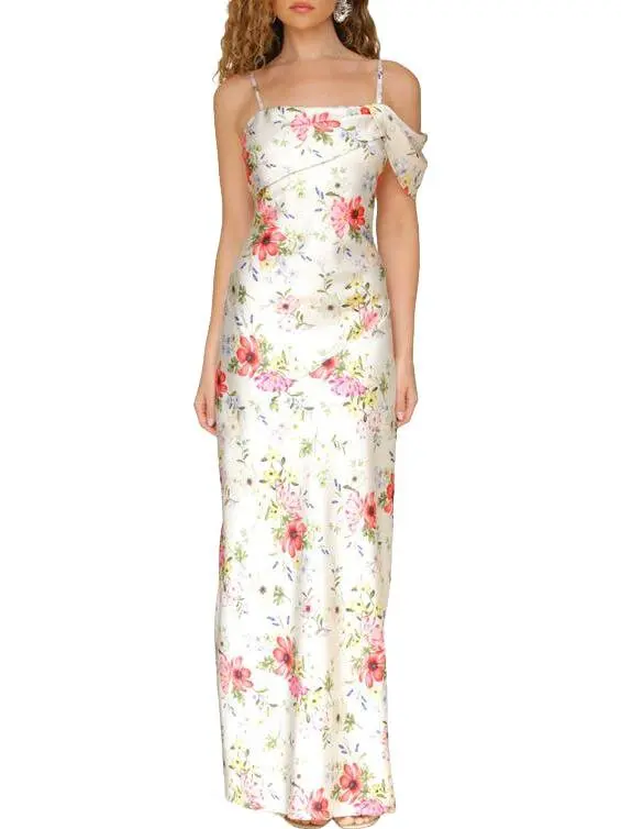 Avec Les Filles Floral Print Asymmetric Satin Maxi Dress - Cream Flower Press