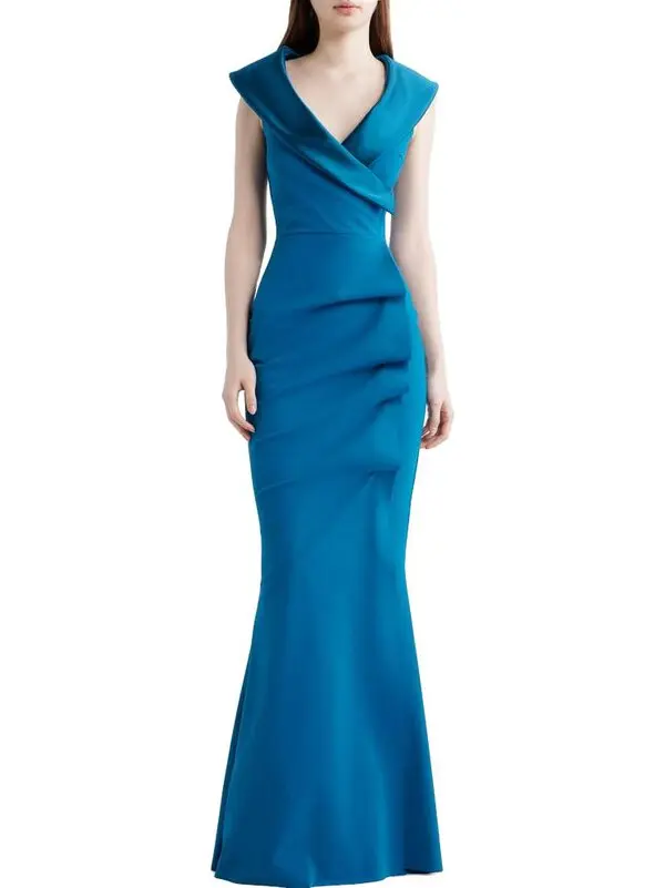 Chiara Boni La Petite Robe Satin Trim Mermaid Gown - Teal Blue