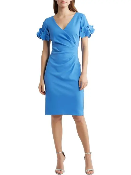 Adrianna Papell 3d Flower Cuff Crepe Faux Wrap Dress - Cool Water