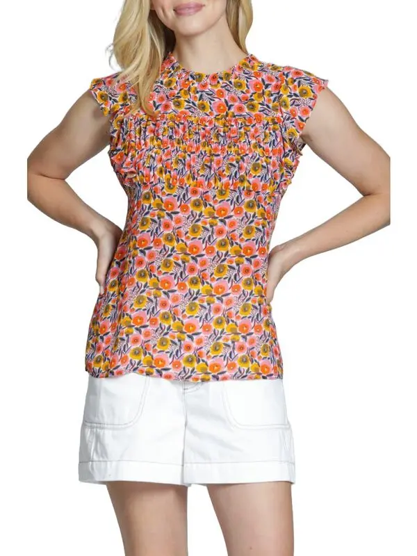 APNY Floral Print Flutter Sleeve Blouse - Apricot Multi