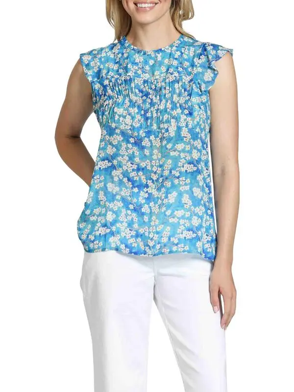 APNY Floral Print Flutter Sleeve Blouse - Blue Multi